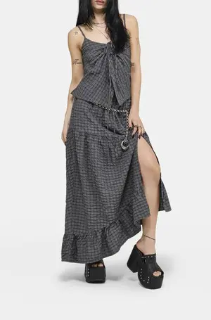 DISTURBIA Nimira Check Asymmetrical Maxi Skirt