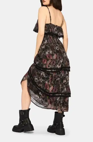 DISTURBIA Mortua Grunge Floral Print Tiered Maxi Dress