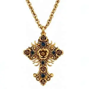 VSTYLE Sacred Heart Collection Sculptural Rose Cross Necklace - Gold