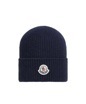 Moncler Logo Patch Knitted Beanie - Navy Blue