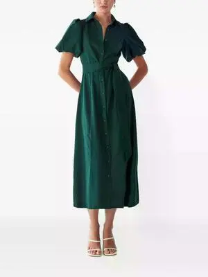 WILLA Belted Puff-sleeve Midi Dress - Green