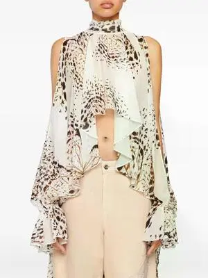 Blumarine Animal Print Ruffled Sleeveless Blouse - White