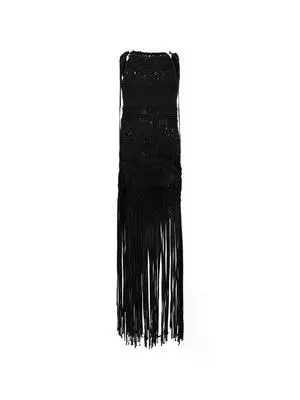 Alberta Ferretti Macramé Fringe Halterneck Dress - Black