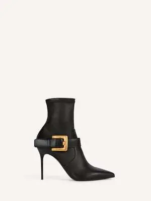 Balmain Anthem Stretch Leather Ankle Boots With Gold Buckle