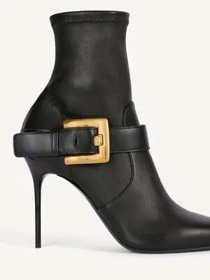Balmain Anthem Stretch Leather Ankle Boots With Gold Buckle