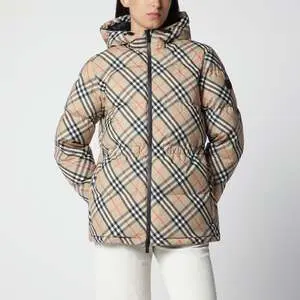 Burberry Hooded Check Nylon Puffer Jacket In Sand