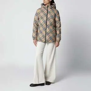 Burberry Hooded Check Nylon Puffer Jacket In Sand