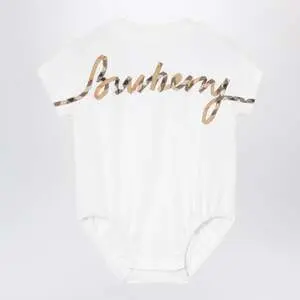 Burberry Cotton Jersey Bodysuit With Check Logo - White