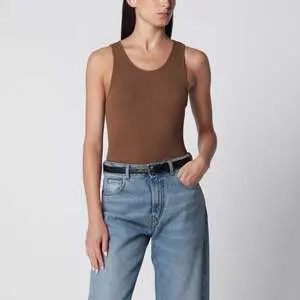 Saint Laurent Cassandre Ribbed Cotton Jersey Tank Top In Cognac - Brown