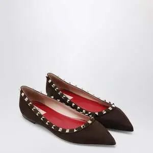 Valentino Garavani Suede Rockstud Ballet Flats - Brown