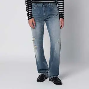 Dolce & Gabbana Washed Denim Jeans With Logo Plaque - Blue