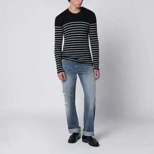Dolce & Gabbana Blue/white Striped Wool Sweater With Buttons