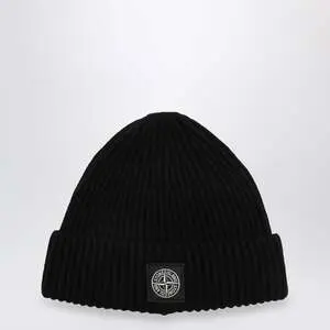 Stone Island Wool Beanie With Compass Patch - Black