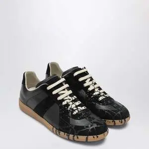 MAISON MARGIELA Replica Paint-splattered Calfskin And Suede Sneakers - Black
