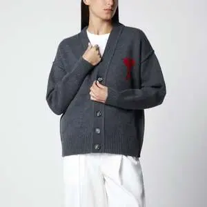 AMI Paris De Coeur Merino Wool Cardigan - Grey