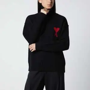 AMI Paris Merino Wool Turtleneck With De Coeur Intarsia - Black