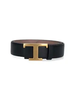 TOD`S Tod's Calf Leather Belt With Gold Tone "t" Buckle - Black