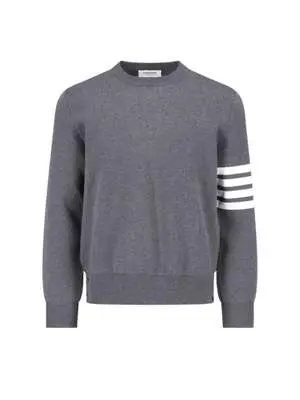 Thom Browne 100% Cotton Crewneck Sweater With Signature Stripes - Grey