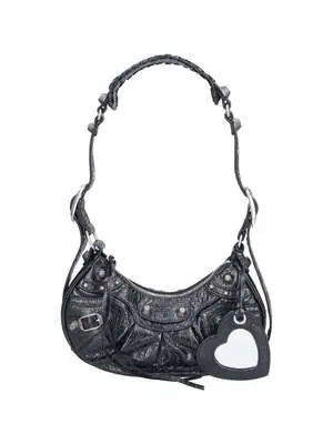 Balenciaga Crinkled Leather Shoulder Bag With Heart Charm - Black