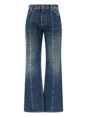 Versace 100% Cotton Jeans With Calf Leather Trim - Blue