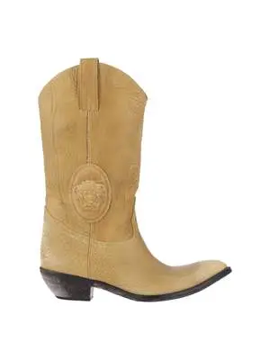 Versace Calf Leather Embossed Medusa Detail Boots - Taupe
