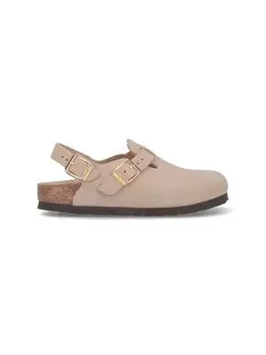 BIRKENSTOCK Nubuck Leather Buckled Clogs - Beige