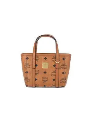 Mcm Monogrammed Leather Trimmed Tote Bag - Brown