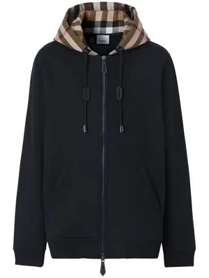 Burberry Cotton Check Pattern Drawstring Hooded Sweater With Front Zip - Black