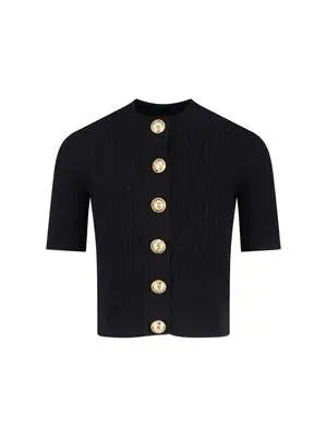 Balmain Crewneck Cardigan With Jewel Buttons In Viscose Blend - Black