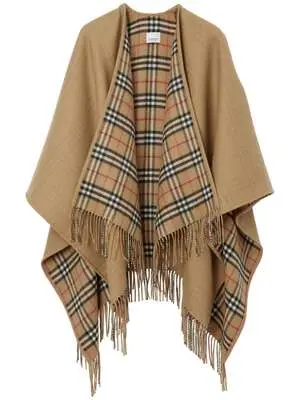 Burberry Reversible Wool Cape With Fringed Edges - Beige
