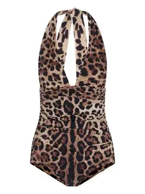 Dolce & Gabbana Leopard Print Halterneck One-piece Swimsuit - Brown