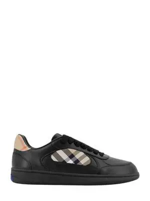 Burberry Leather Lace Up Sneakers With Checked Detail - Black