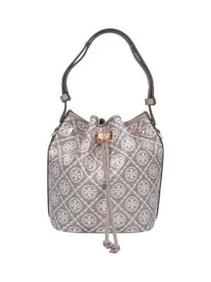 Tory Burch Monogrammed Canvas Bucket Bag With Leather Trim - Grey