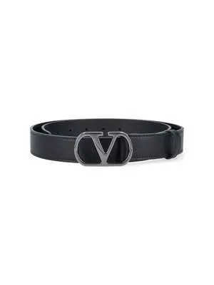 Valentino Garavani Leather Belt With V Logo Buckle - Black