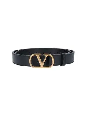 Valentino Garavani Calf Leather Belt With Gold Tone V Logo Buckle - Black
