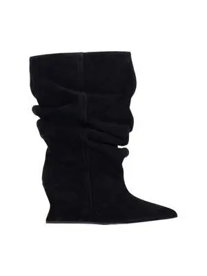 Balmain Slouchy Suede Wedge Ankle Boots - Black