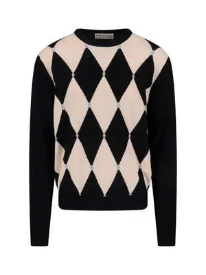 BALLANTYNE Argyle Patterned Fine Knit Crew Neck Pullover Sweater - Black