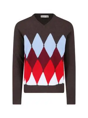 BALLANTYNE Argyle Patterned Fine Knit Crew Neck Pullover Sweater - Brown