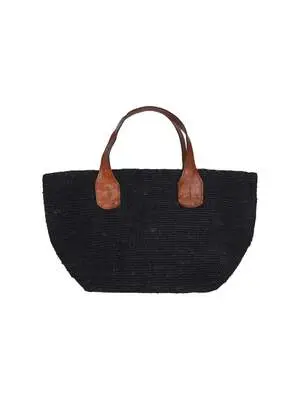 IBELIV Raffia & Cow Leather Handbag For - Black