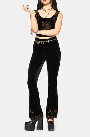 DISTURBIA Kobra Velour Embroidered Flare Trousers