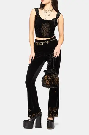 DISTURBIA Kobra Velour Embroidered Flare Trousers