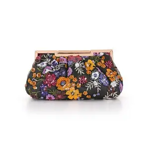 Badgley Mischka Rosalin Floral Sequin Beaded Pouch Clutch - Black Multi