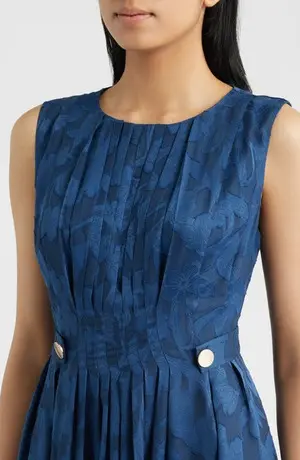 Anne Klein Pleated Floral Jacquard Midi A Line Dress - Blue Carbon