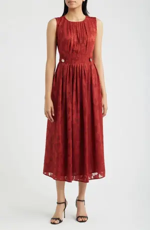 Anne Klein Pleated Floral Jacquard Midi A Line Dress - Rust