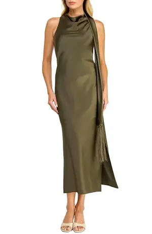 SOCIALITE Sash Detail Satin Maxi Dress - Olive