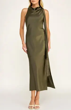 SOCIALITE Sash Detail Satin Maxi Dress - Olive