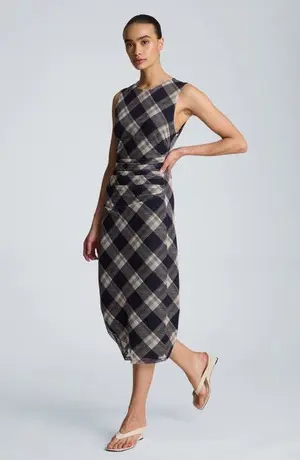 KENNETH COLE Ruched Plaid Midi Dress