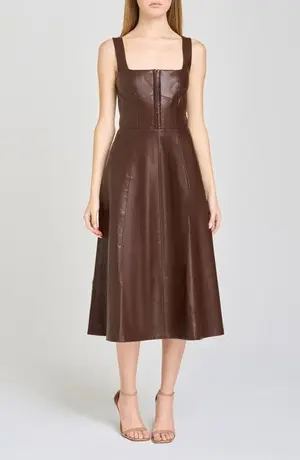 WAYF Leonie Faux Leather Fit & Flare Midi Dress - Espresso