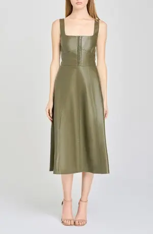 WAYF Leonie Faux Leather Fit & Flare Midi Dress - Olive