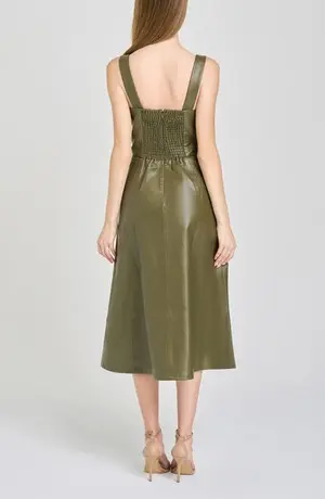 WAYF Leonie Faux Leather Fit & Flare Midi Dress - Olive